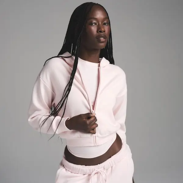 Skims Cotton Fleece Shrunken Zip Up Hoodie - Barely Pink